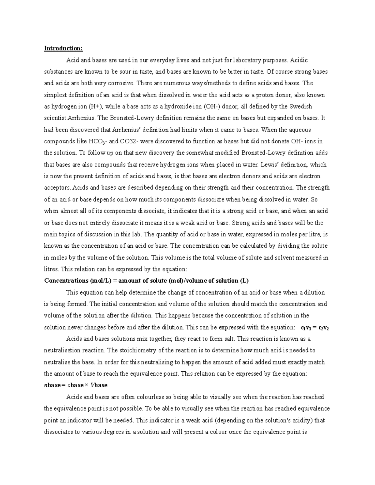 Introduction lab 4 - lab - Introduction: Acid and bases are used in our ...