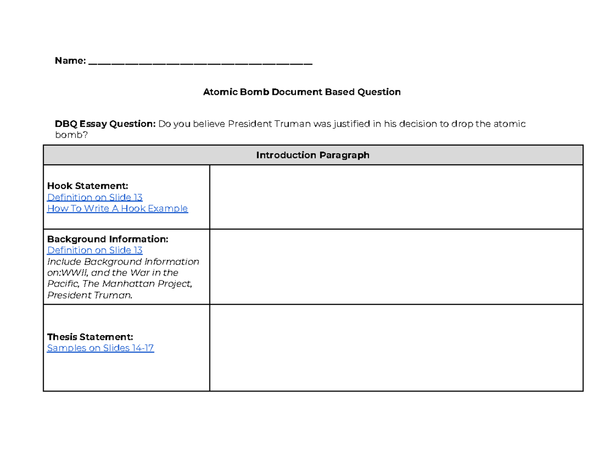 Andrew Contreras Morales - Atomic Bomb DBQ Organizer - Name: - Studocu