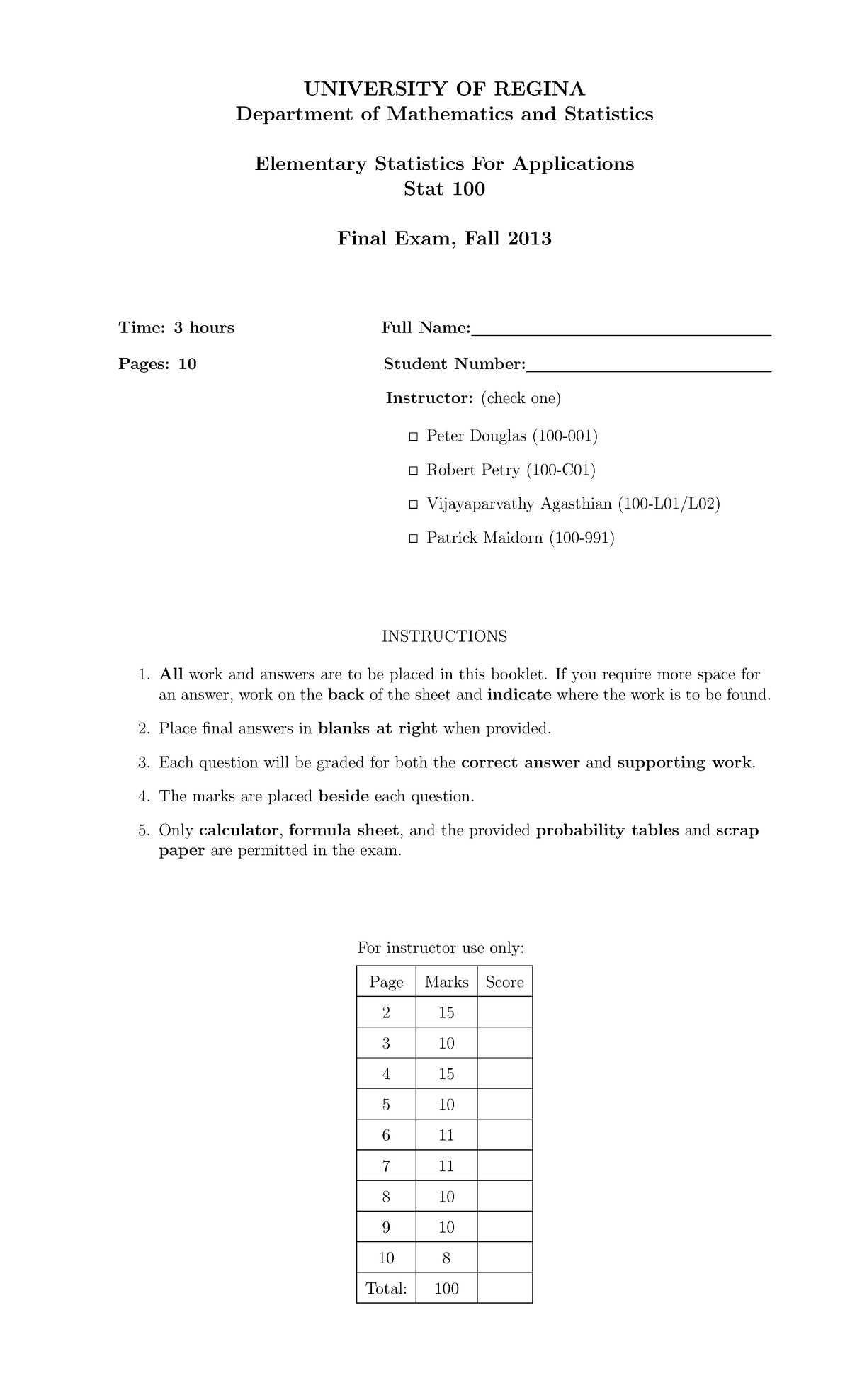 2013 - Fall Final - UNIVERSITY OF REGINA Department of Mathematics and ...