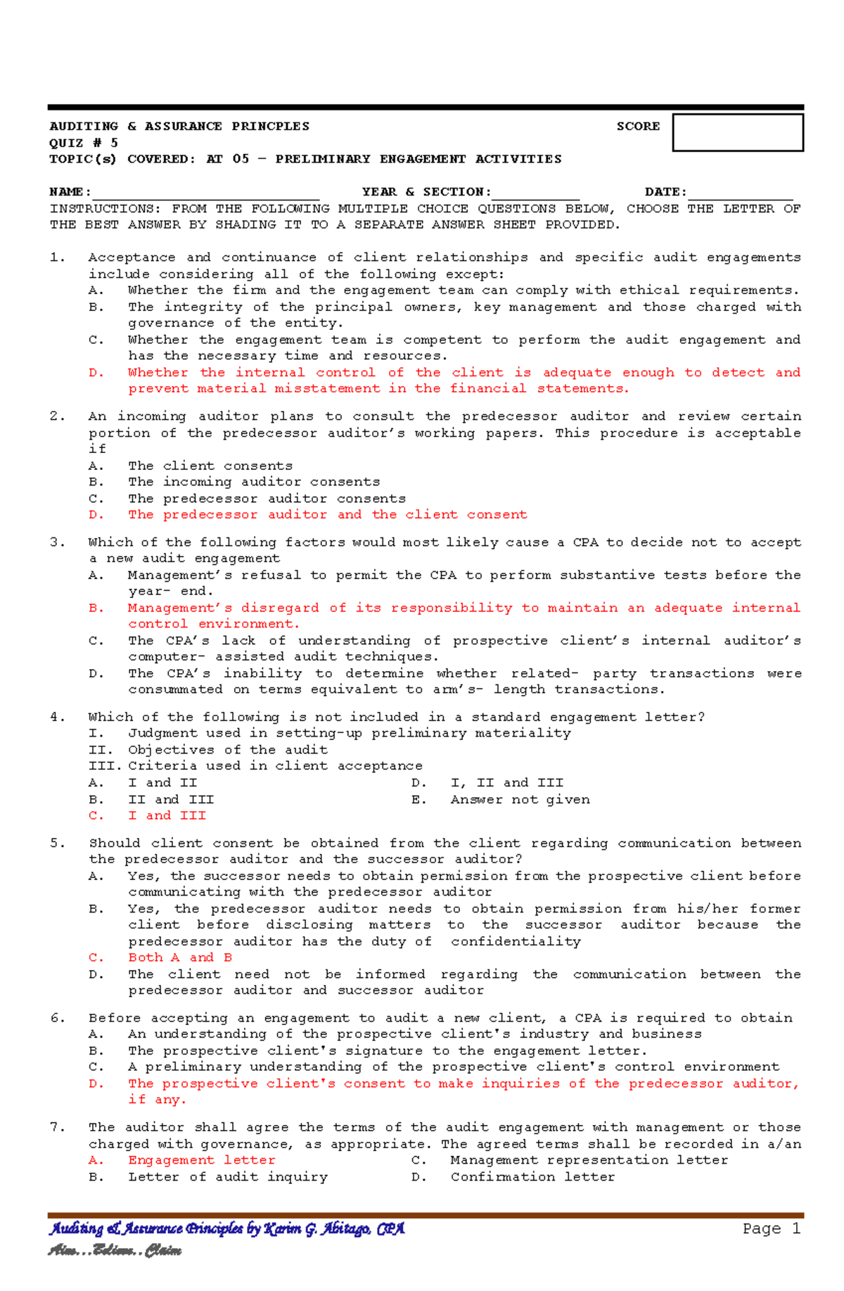 05 Quiz Theory - Preliminary Engangement - Auditing & Assurance ...