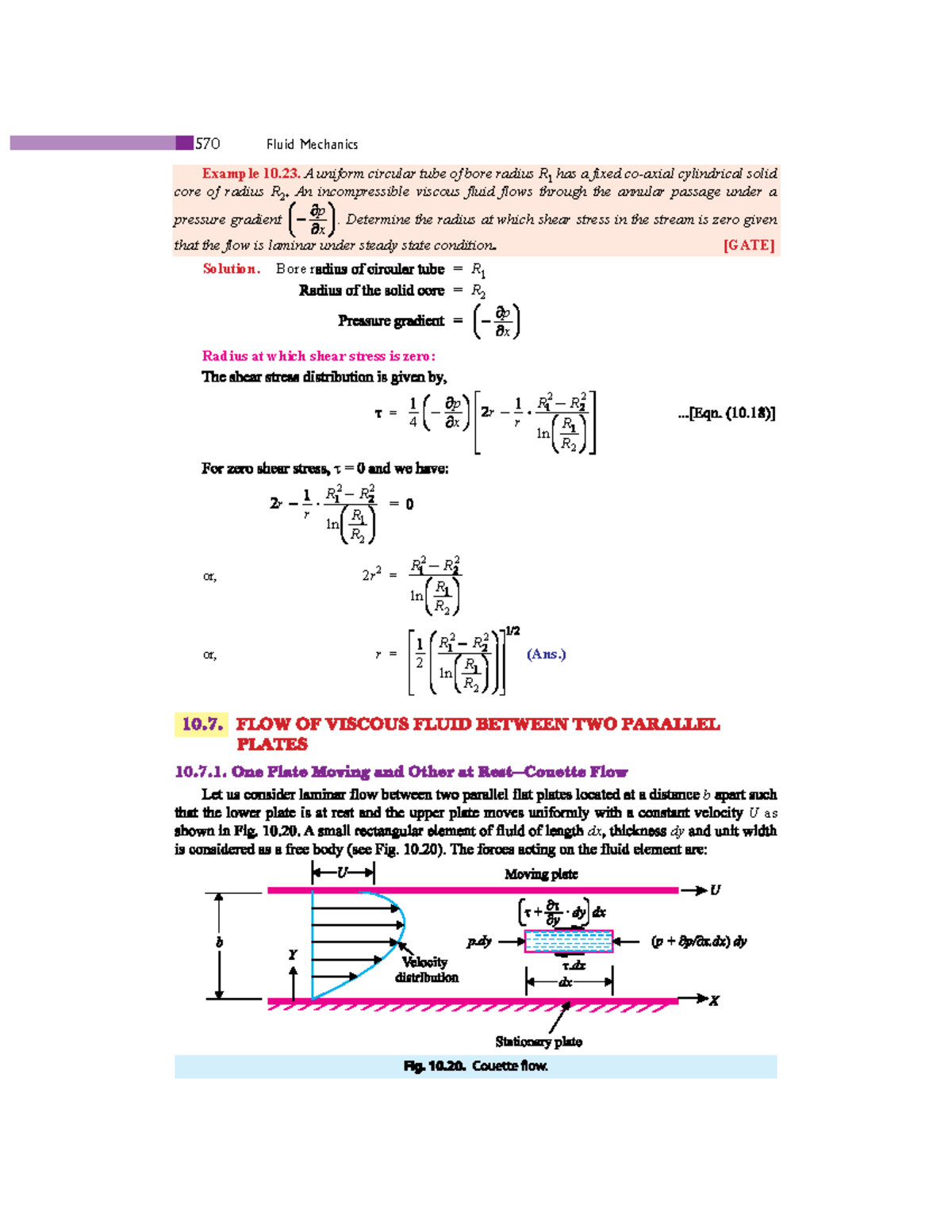 Flow between parallel plates notes - 570 Fluid Mechanics Example 10. A ...