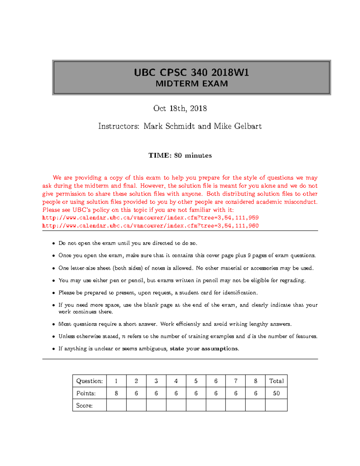 2018 W1midterm - midterm - UBC CPSC 340 2018W MIDTERM EXAM Oct 18th, 2018 Instructors: Mark ...