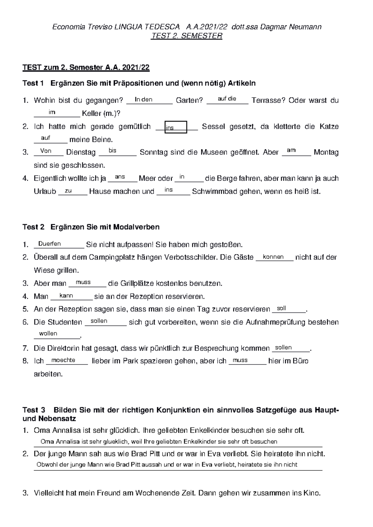 Fac simile prova tedesco - Economia Treviso LINGUA TEDESCA A.A/22 dott ...