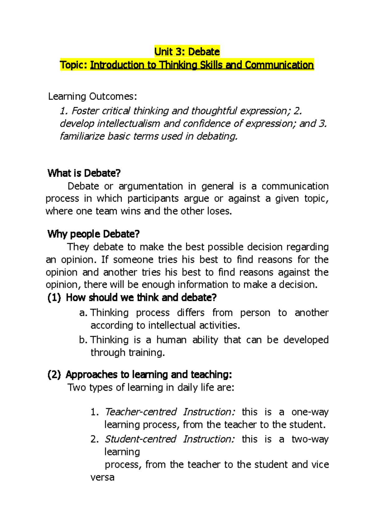 Introduction to Thinking skills and Communication - Unit 3 : Debate ...