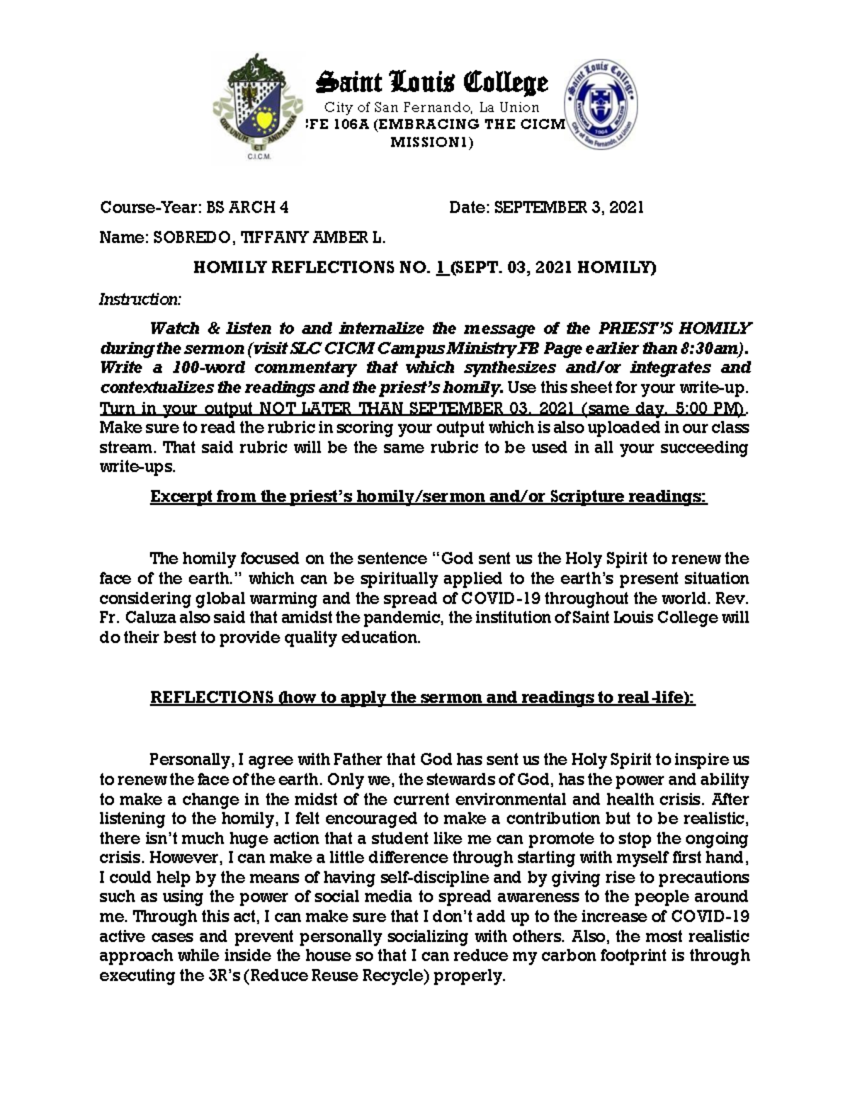 Homily Reflections NO.1 - Sobredo - Course-Year: BS ARCH 4 Date ...