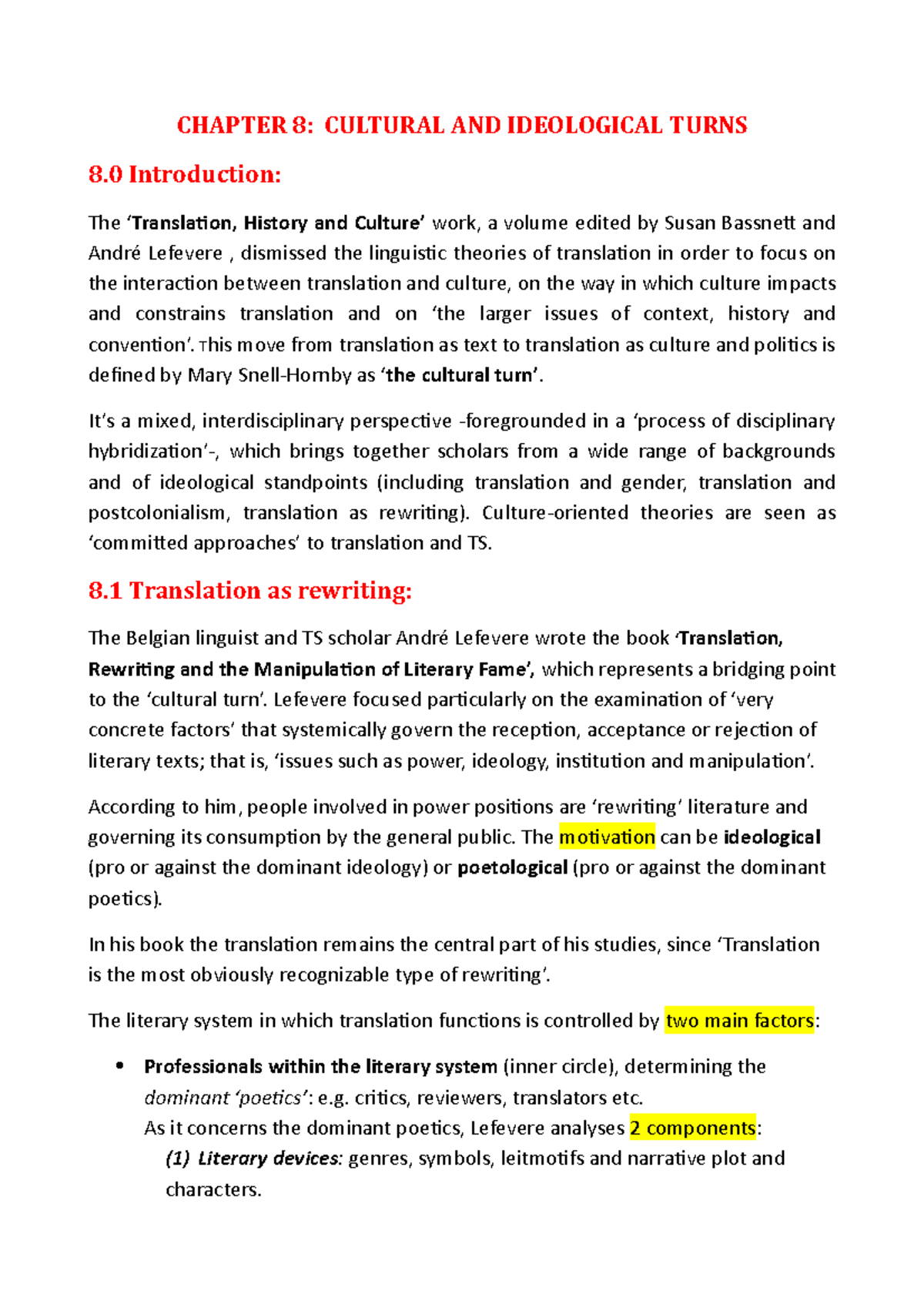 Capitolo 8 - CHAPTER 8: CULTURAL AND IDEOLOGICAL TURNS 8 Introduction: The ‘Translation, History ...