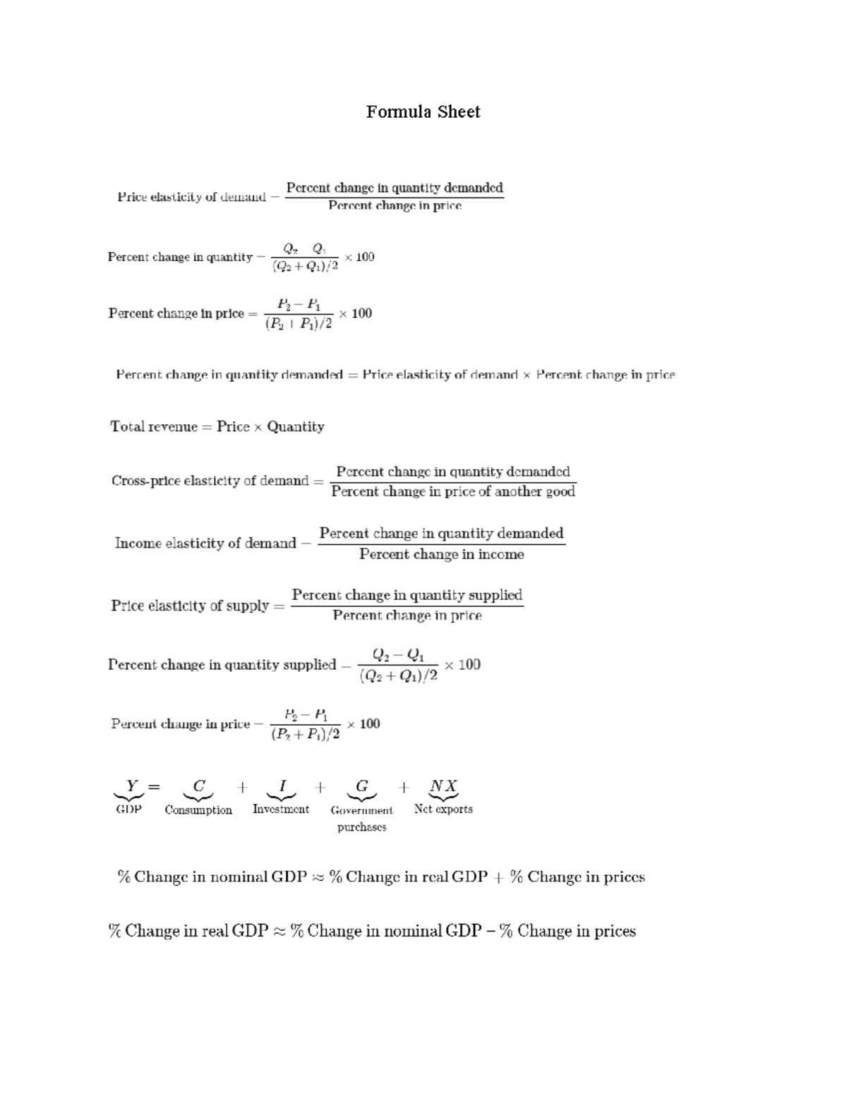 Formula Sheet - Summary Introduction to Economic Issues - ECON 100 ...