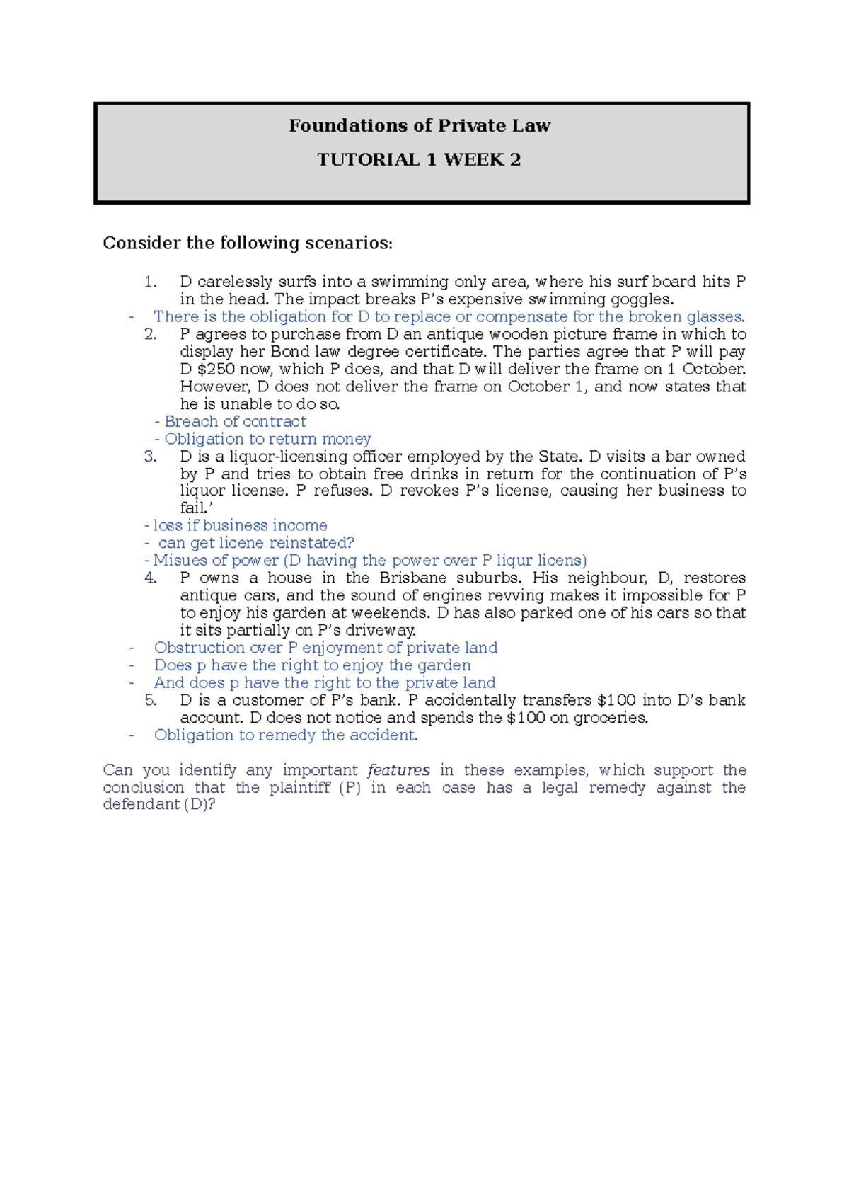 Week 2 - Tutorial work - Foundations of Private Law TUTORIAL 1 WEEK 2 ...