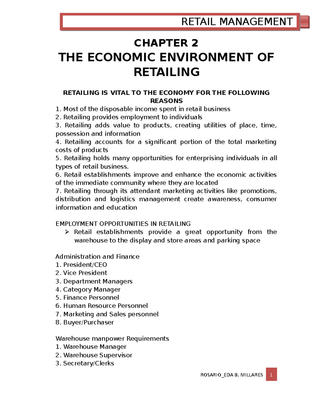 Retail mngt module 2 - CHAPTER 2 THE ECONOMIC ENVIRONMENT OF RETAILING ...