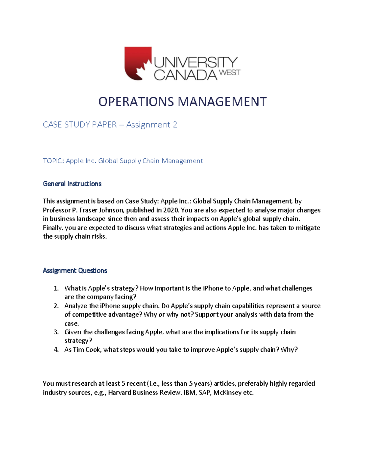 OPMT620 Assignment 2 - Operations management course material ...