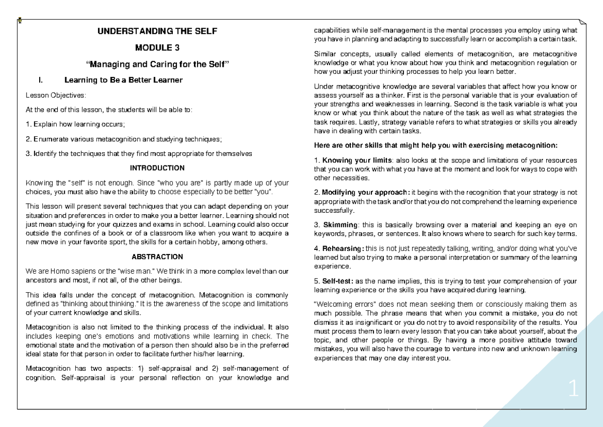 Module 3- Managing and Caring for the Self - UNDERSTANDING THE SELF ...