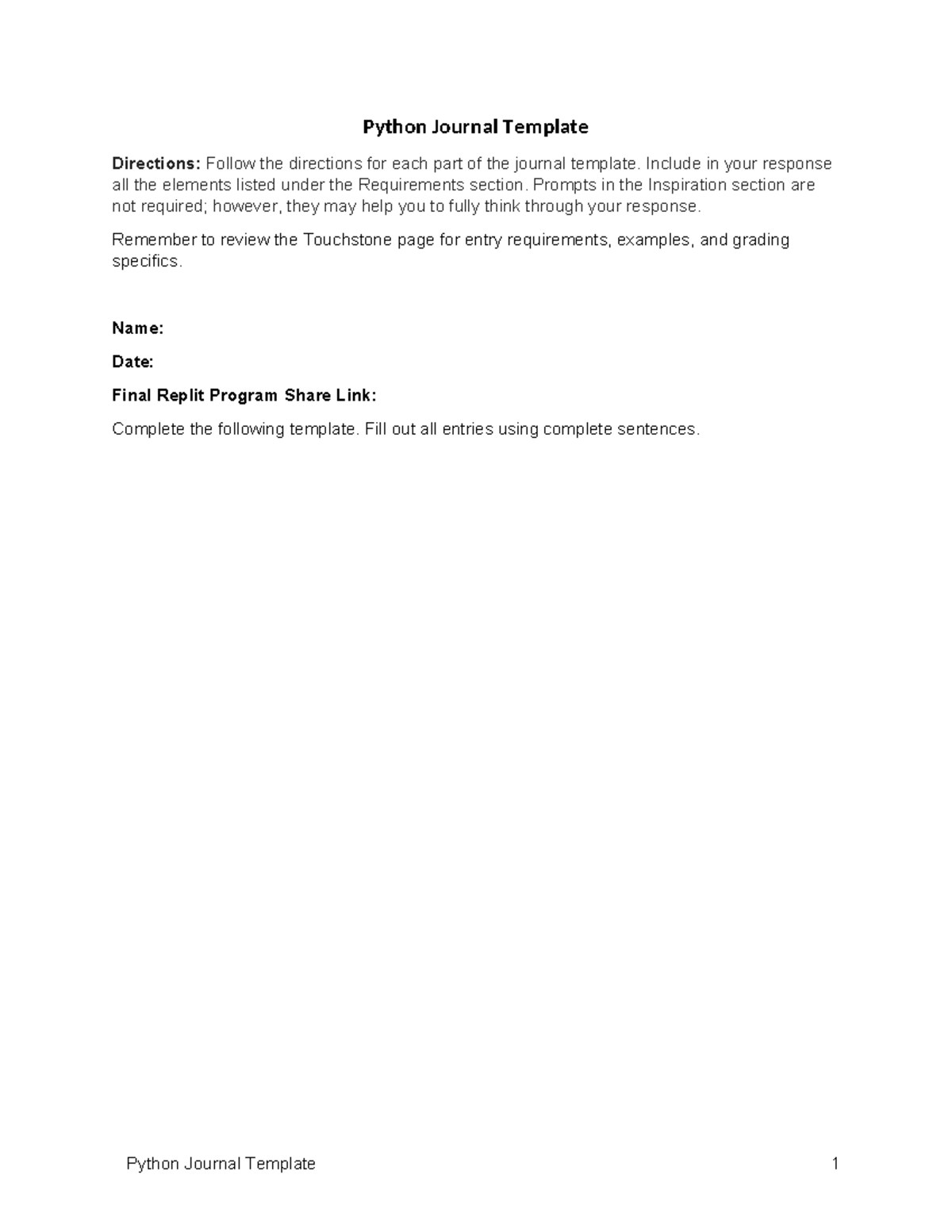 Python Journal Template - Python Journal Template Directions: Follow ...