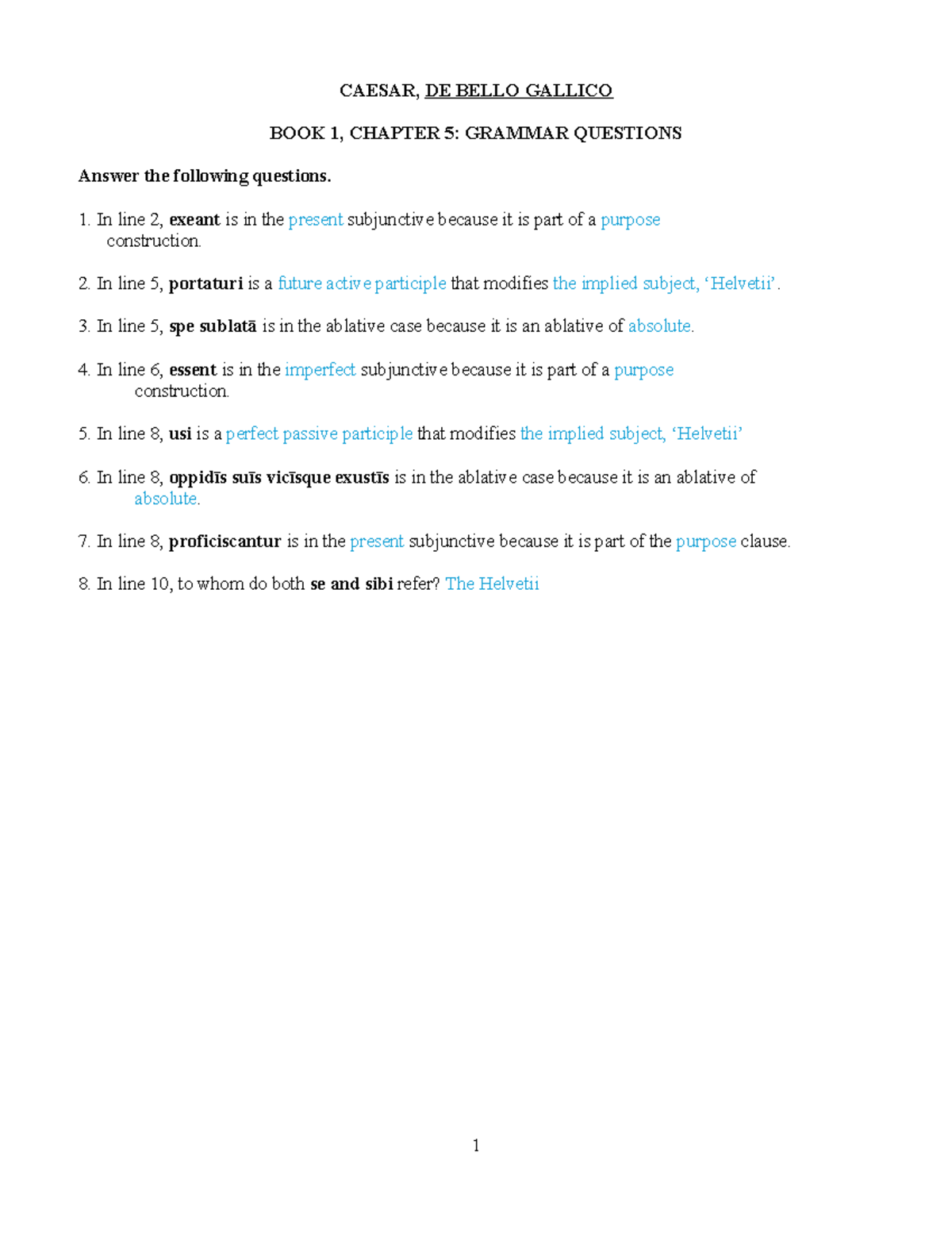 De Bello Gallico Book I Chapter 5 grammar exercises - CAESAR, DE BELLO ...
