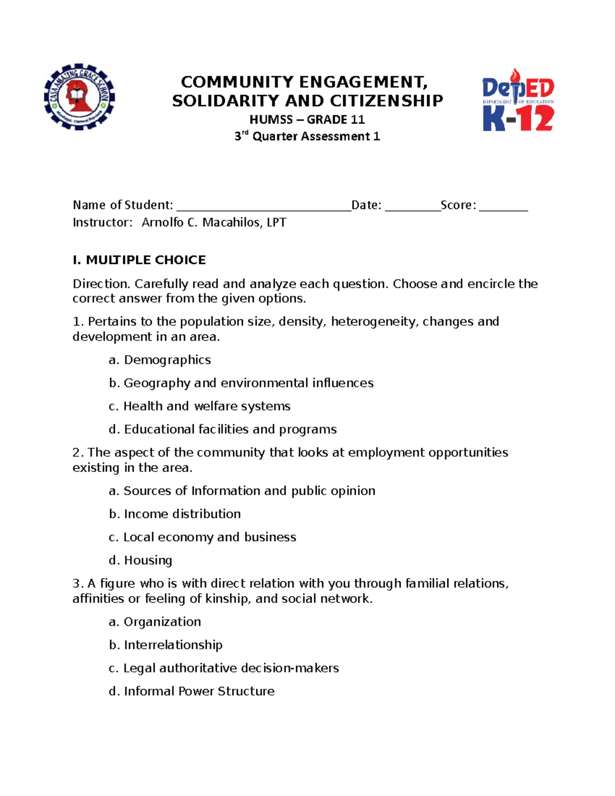 CESC assessment 1 - exam - COMMUNITY ENGAGEMENT, SOLIDARITY AND ...