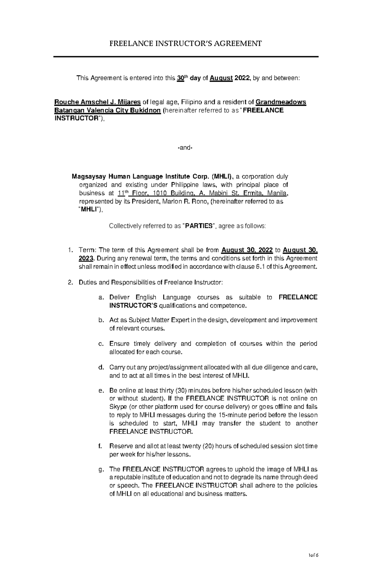 Freelance Instructor’S Agreement - FREELANCE INSTRUCTOR’S AGREEMENT ...