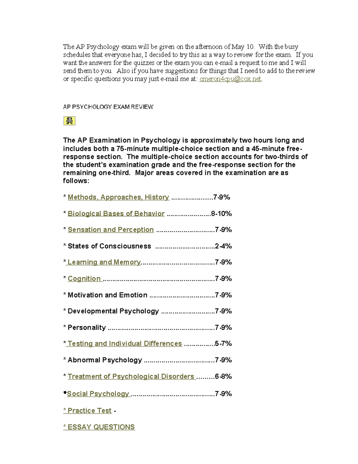 Ap Exam Review 3 - Weeeee - The AP Psychology exam will be given on the ...