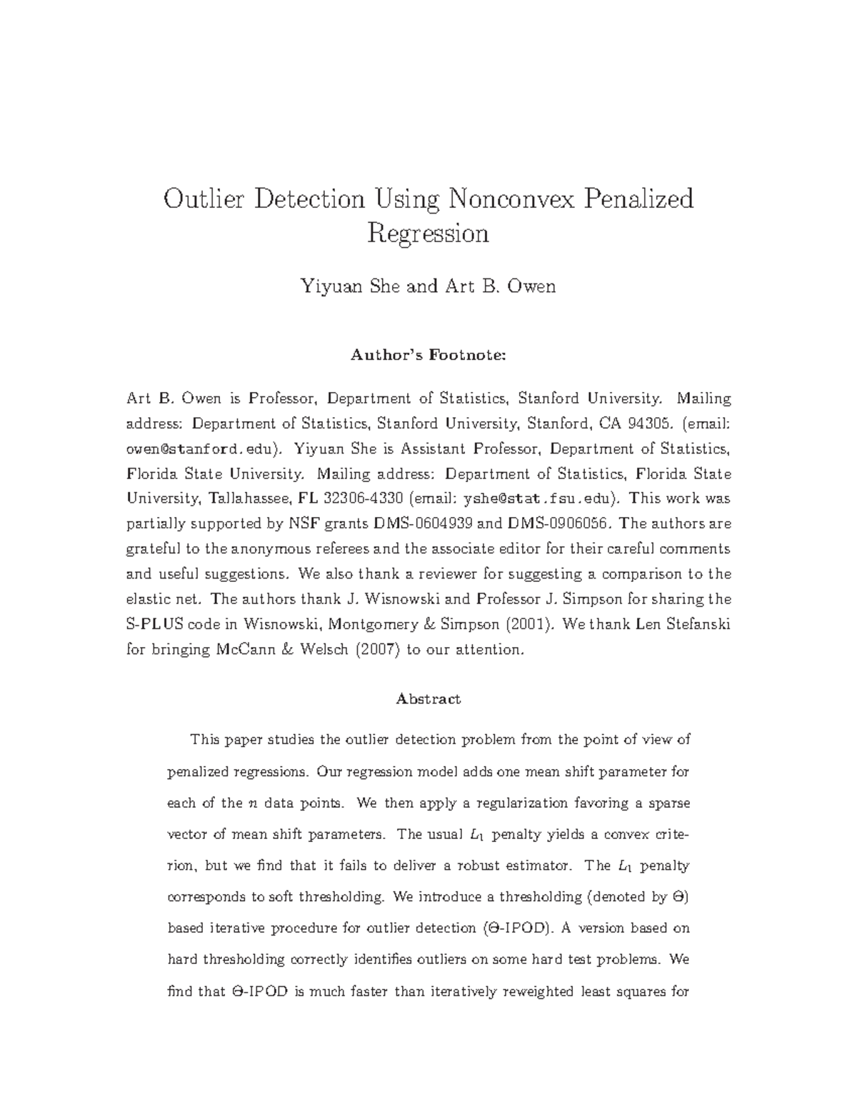 Tisp - ................. - Outlier Detection Using Nonconvex Penalized Regression Yiyuan She and ...