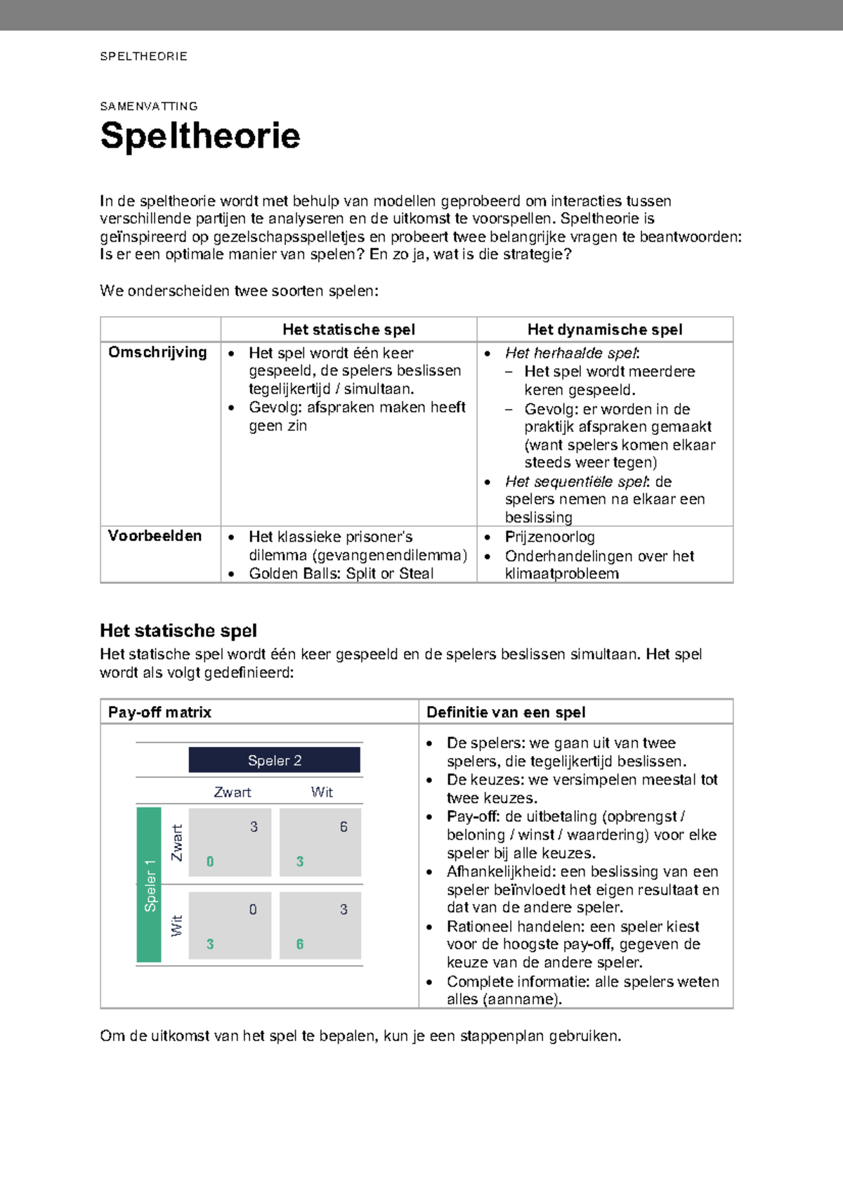 spelteorie havo 5 - SAMENVATTING Speltheorie In de speltheorie wordt ...