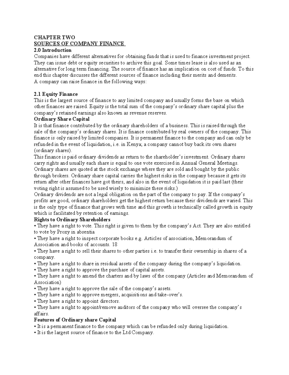 Financial Management Handout 1 - CHAPTER TWO SOURCES OF COMPANY FINANCE ...