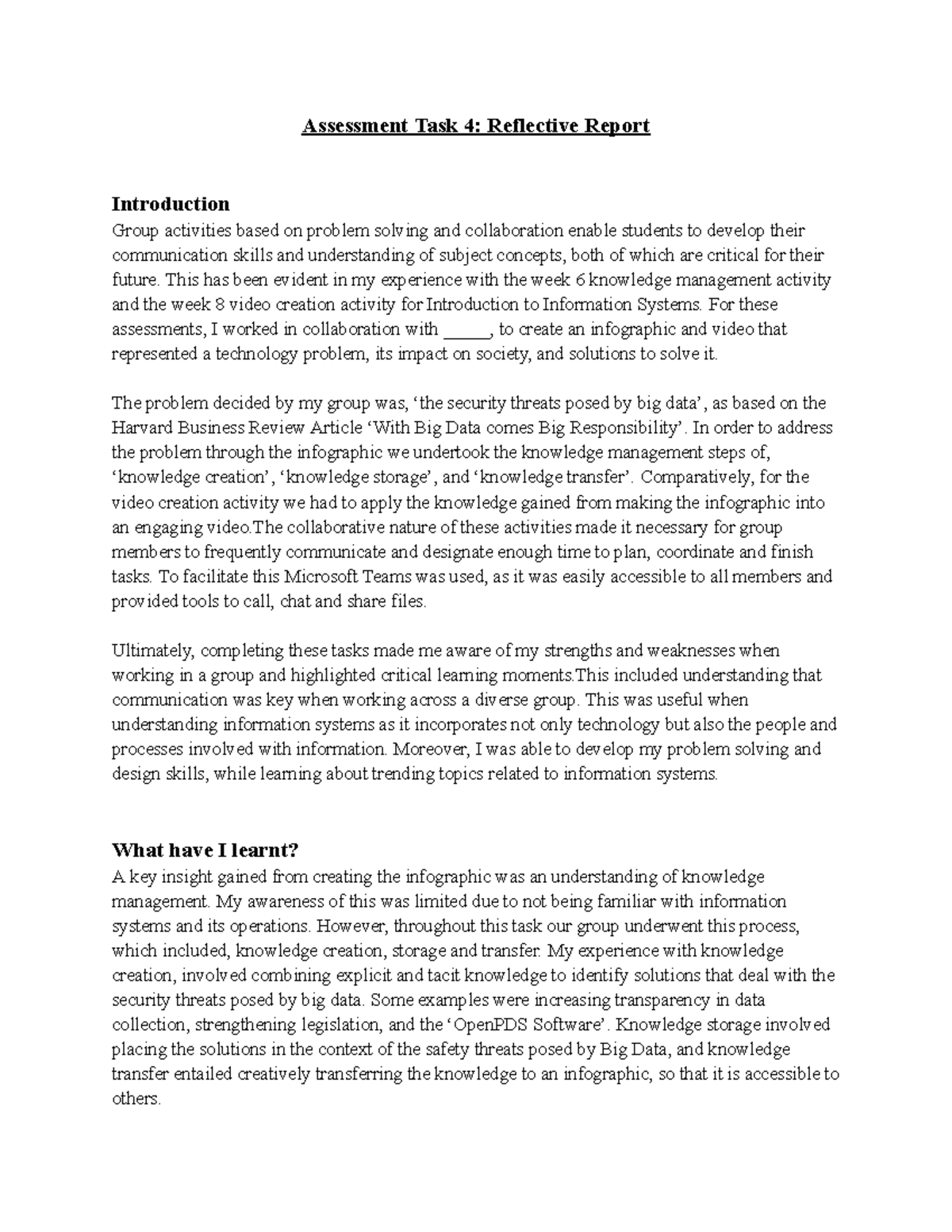 Into Info Sys - Assessment Task 4 Reflective Report - Assessment Task 4: Reflective Report - Studocu