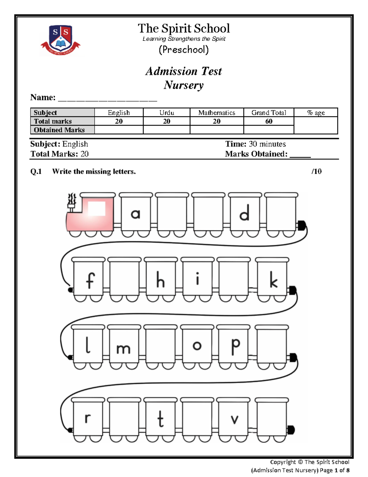 Admission Test (Nursery) - Learning Strengthens the Spirit (Preschool ...