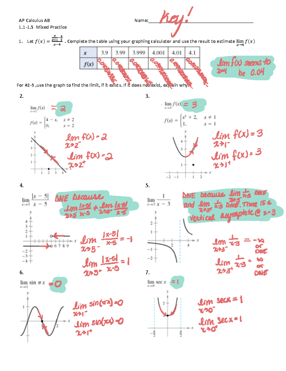 Problem Set 1 (1.1 - 1.5) KEY - AP Calculus AB Name