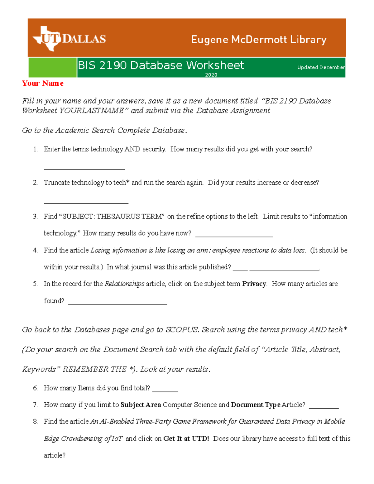 Database Assignment to do at home Spring 2020 - Your Name Fill in your ...