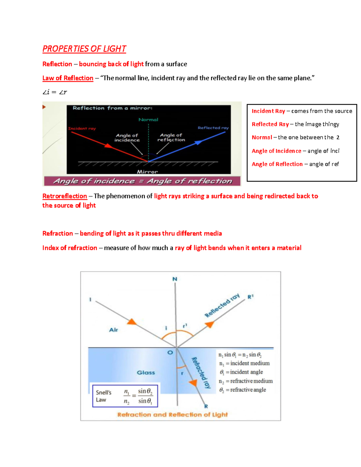 T2- Notes-Science - Science notes - PROPERTIES OF LIGHT Reflection ...