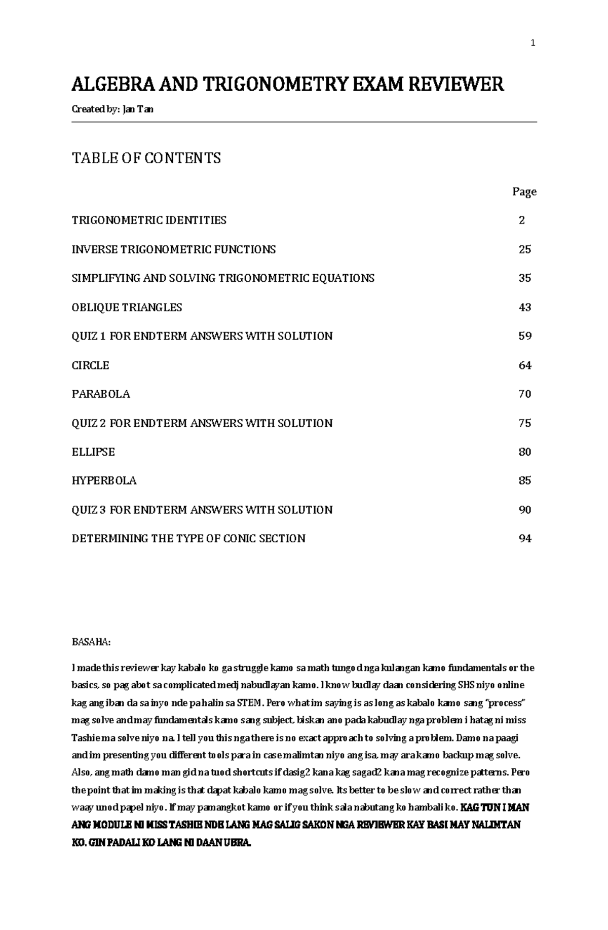Algebra AND Trigonometry EXAM Reviewer - ALGEBRA AND TRIGONOMETRY EXAM ...