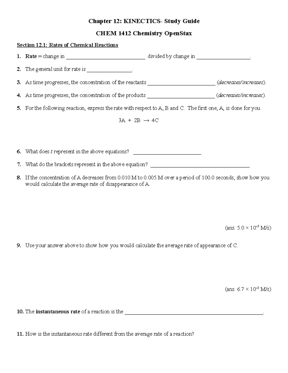 1412 CH 12 studyguide - 1412 CH 12 study guide - Chapter 12: KINECTICS ...