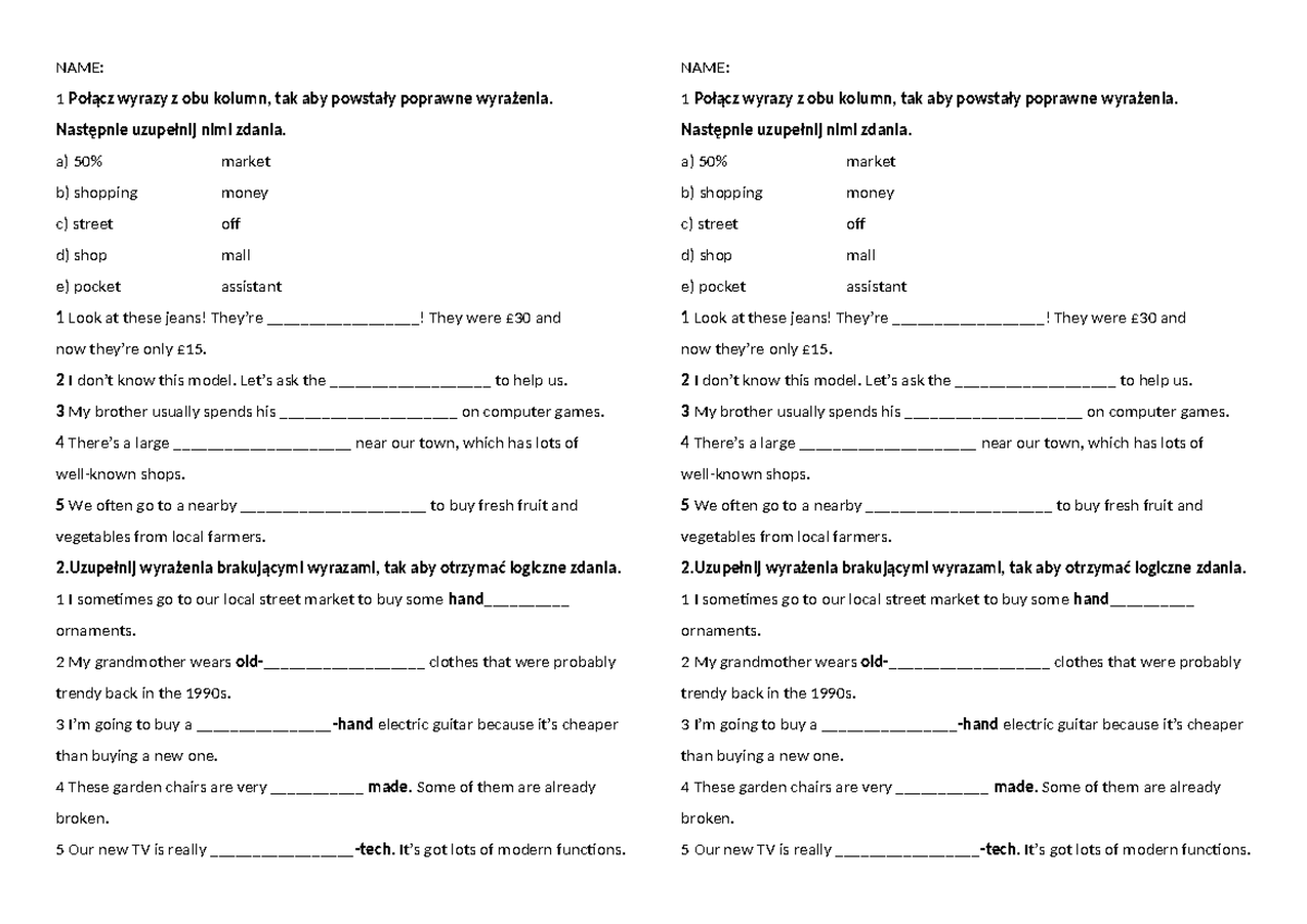 Kartkówka Brainy 7 unit 4 - NAME: 1 Połącz wyrazy z obu kolumn, tak aby powstały poprawne ...
