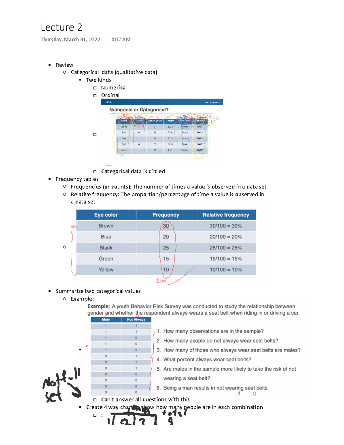 Stats 10 Lecture 2 notes - Review Categorical data (qualitative data ...