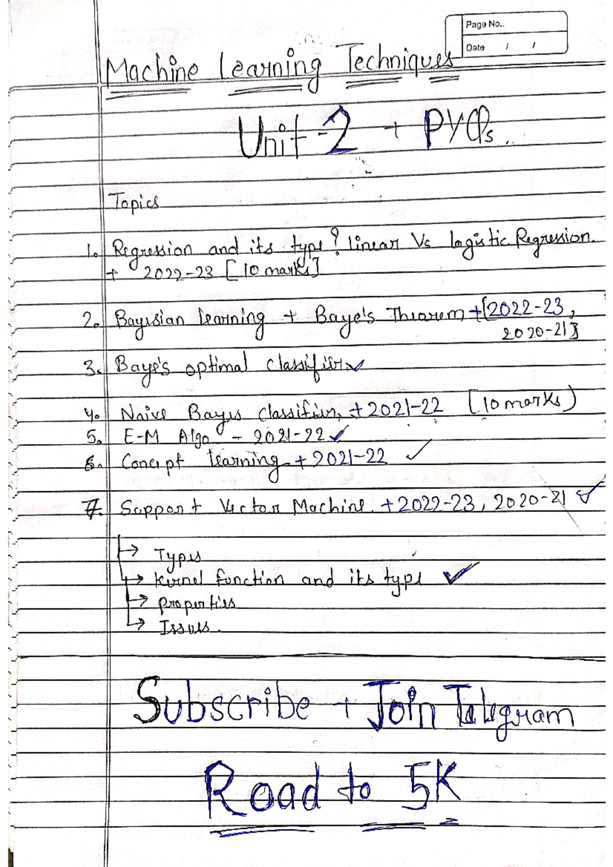 MLT ONE SHOT UNIT 2 - good - Page No. Date Machine learning Techniques Unit 2 PYQs Topics 1 ...
