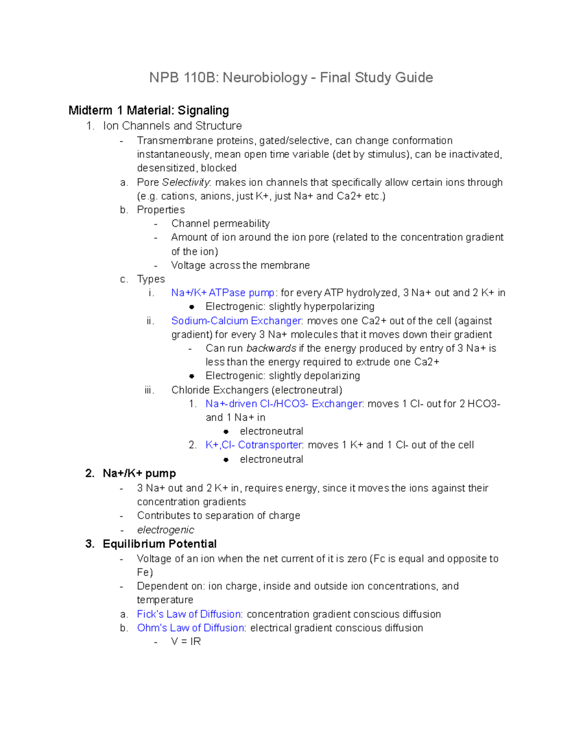 NPB 110B Final Study Guide - NPB 110B: Neurobiology - Final Study Guide ...