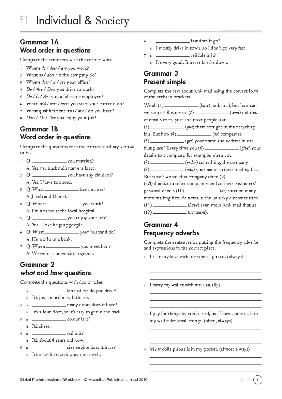 Global Pre Intermediate WB. Units 1-3 + Audioscript & Answer Key - UNIT 1 Individual & Society ...