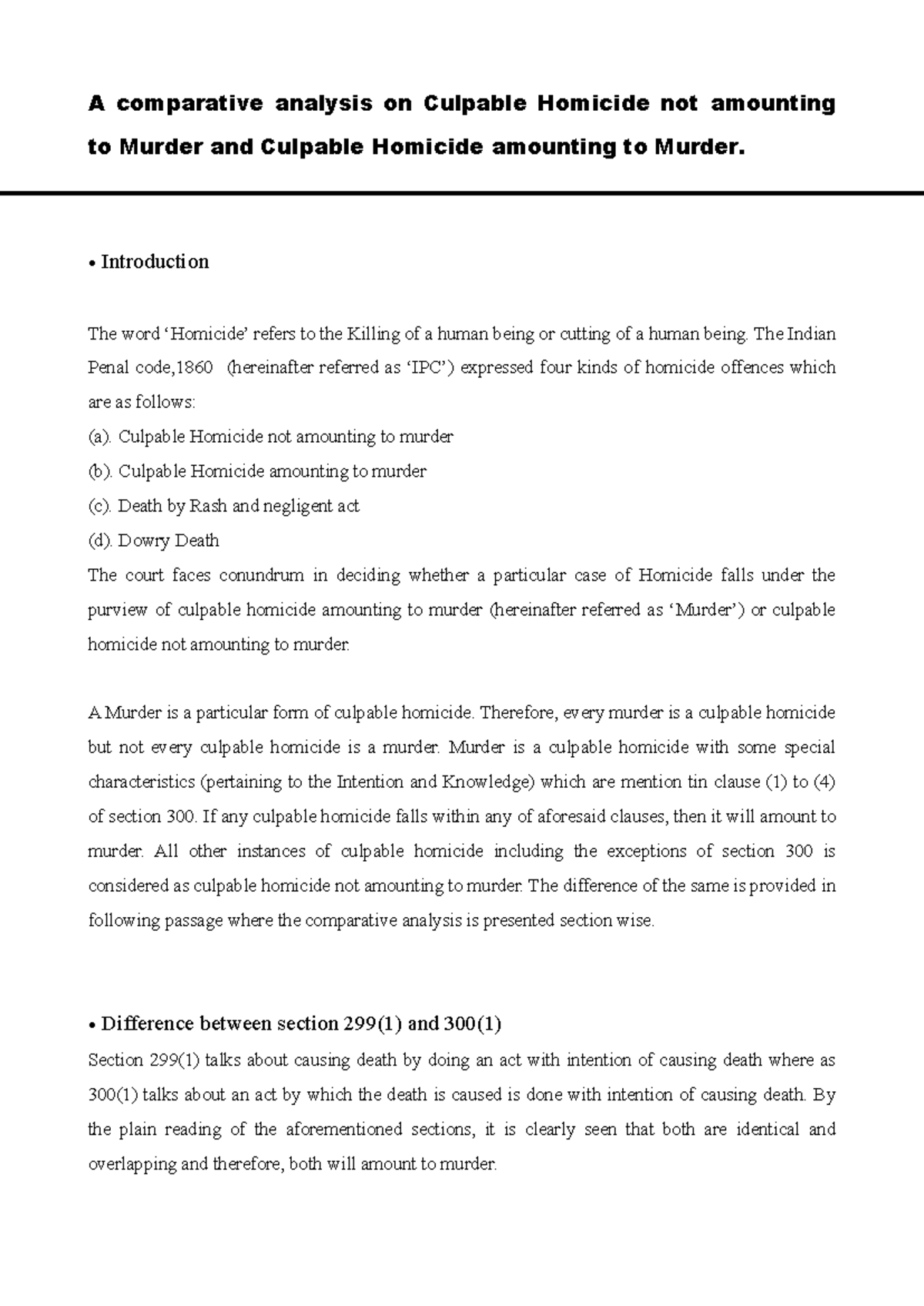 A comparative analysis on Culpable Homicide not amounting to Murder and Culpable Homicide ...