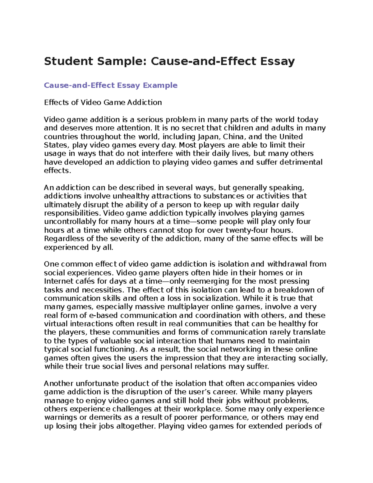 Cause-Effect-Essay - Cause and effect - Student Sample: Cause-and ...
