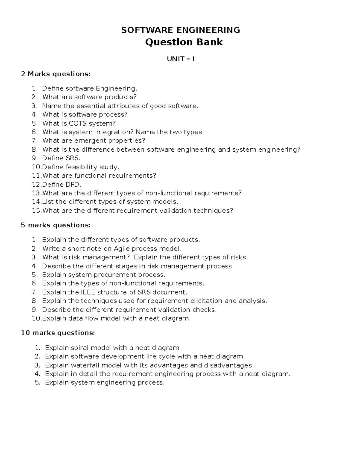 SE-Question bank - SE-Question bank - SOFTWARE ENGINEERING Question Bank UNIT – I 2 Marks ...