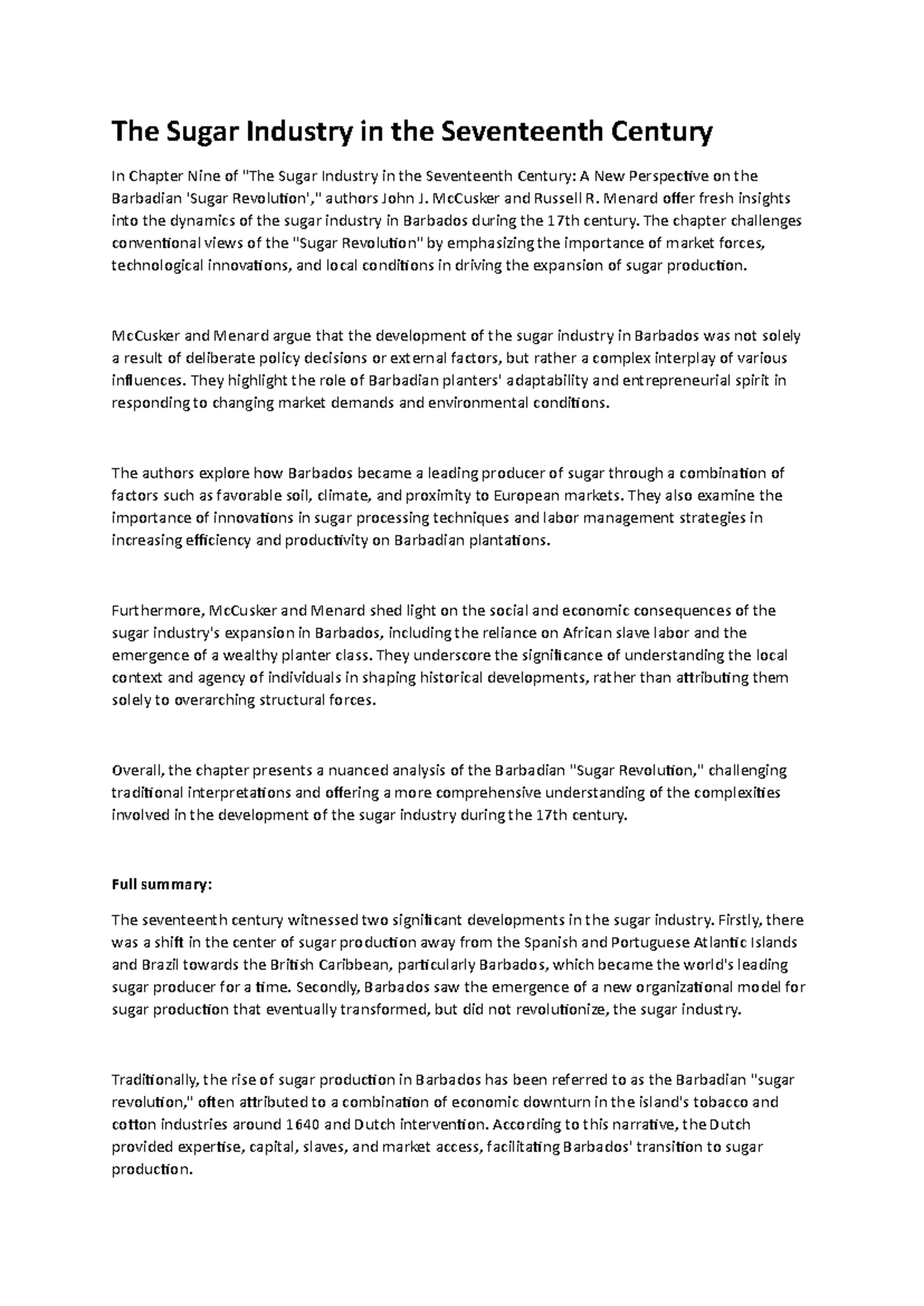 The Sugar Industry in the Seventeenth Century - McCusker and Russell R ...