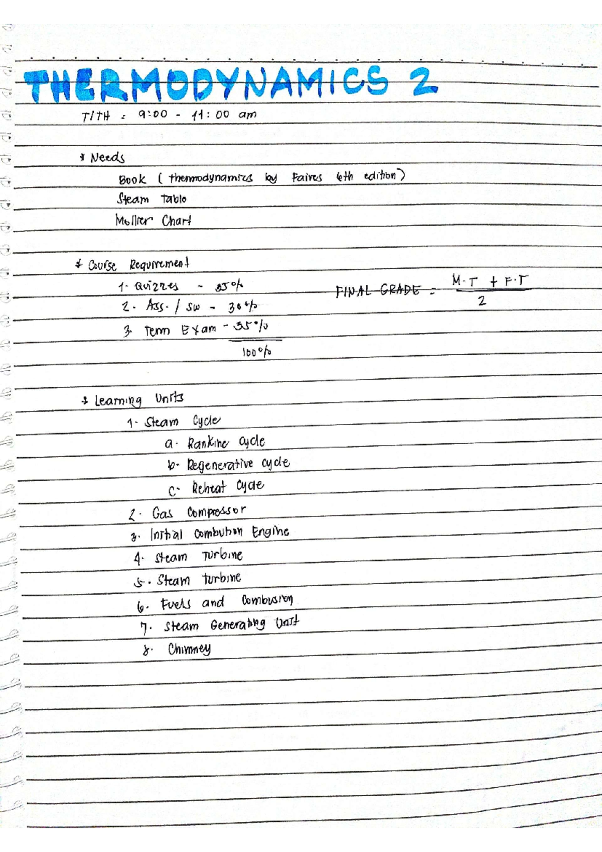 Thermodynamics Lecture ( Midterm) - THERMODYNAMICS 2 TITH 9:00 11:00 am ...