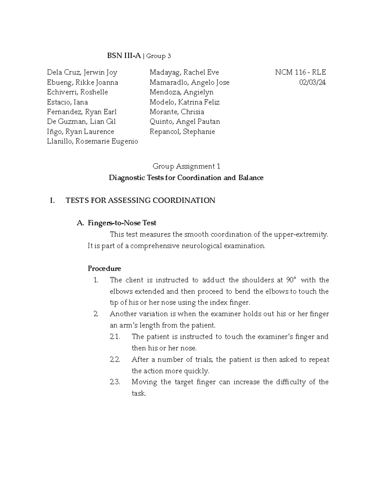 Diagnostic Tests for Coordination and Balance - TESTS FOR ASSESSING ...