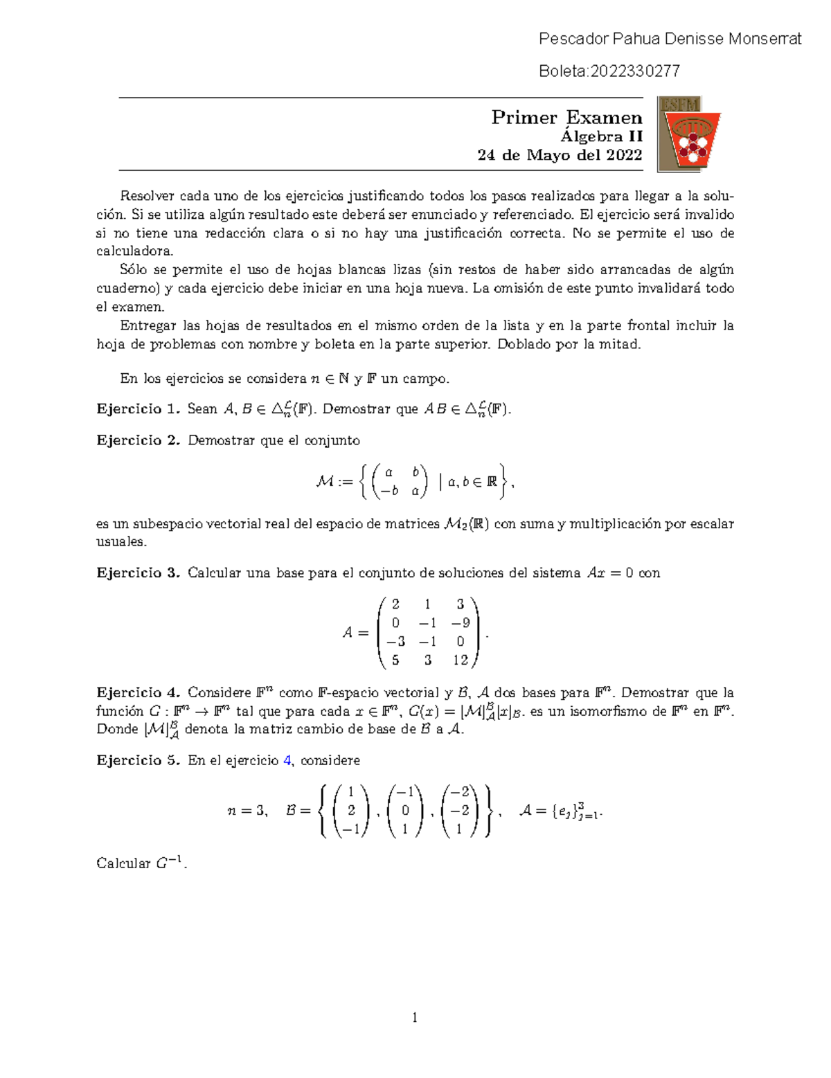 Ejercicios - Examen algebra 2, Gamaliel tellez - Primer Examen Algebra ...