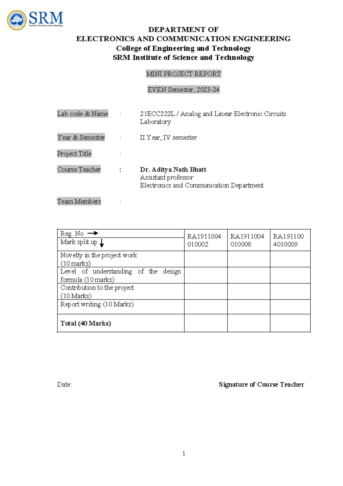 Mini project report sample - DEPARTMENT OF ELECTRONICS AND ...