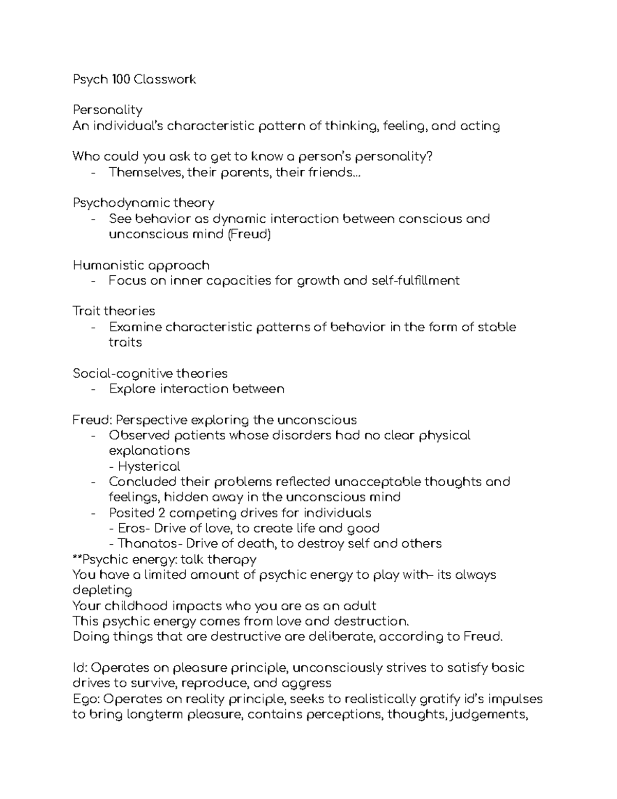 Psychology 100 Classwork - Psych 100 Classwork Personality An individual’s characteristic ...
