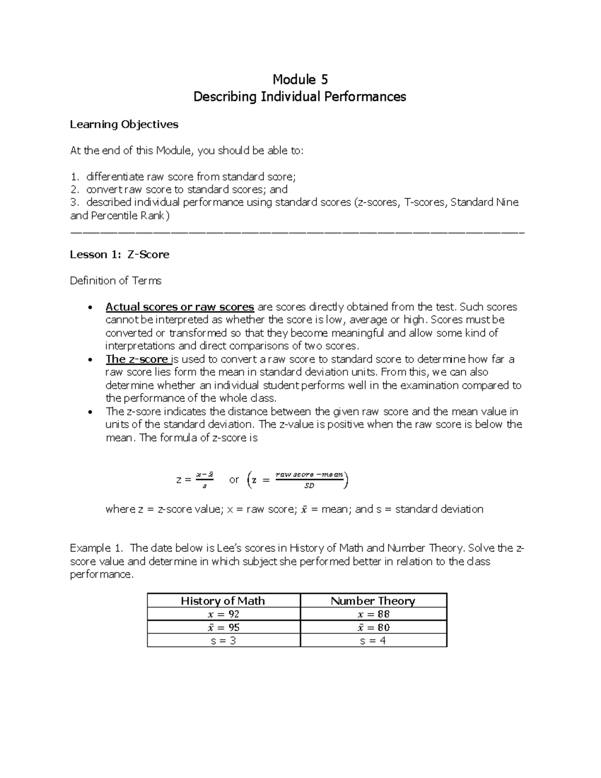 Module-5 - Module 5 Describing Individual Performances Learning ...