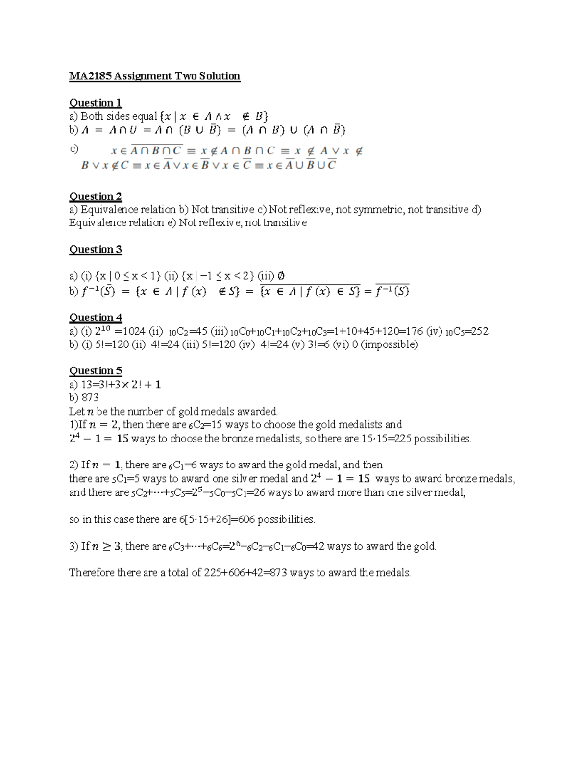 MA2185 Assignment Two Solution - MA2185 Assignment Two Solution Question 1 a) Both sides equal ...