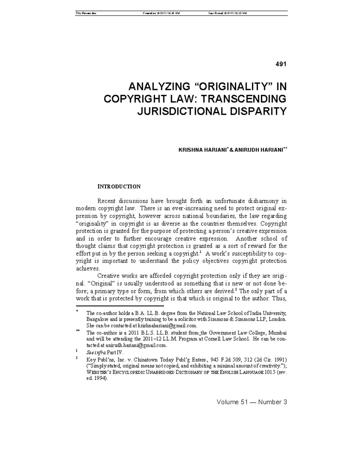 Analyzing “Originality” in Copyright Law, Transcending Jurisdictional ...