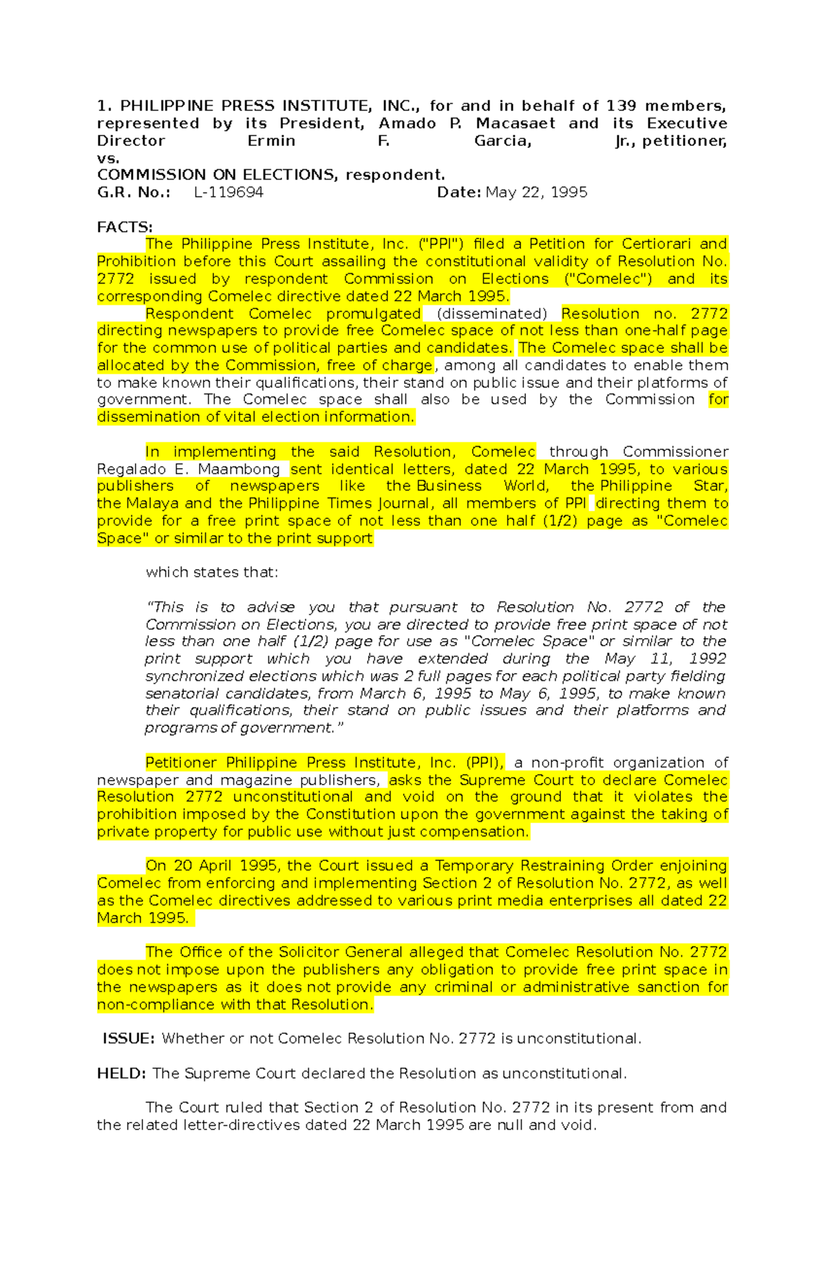 Eminent Domain - Constitutional Law - PHILIPPINE PRESS INSTITUTE, INC ...