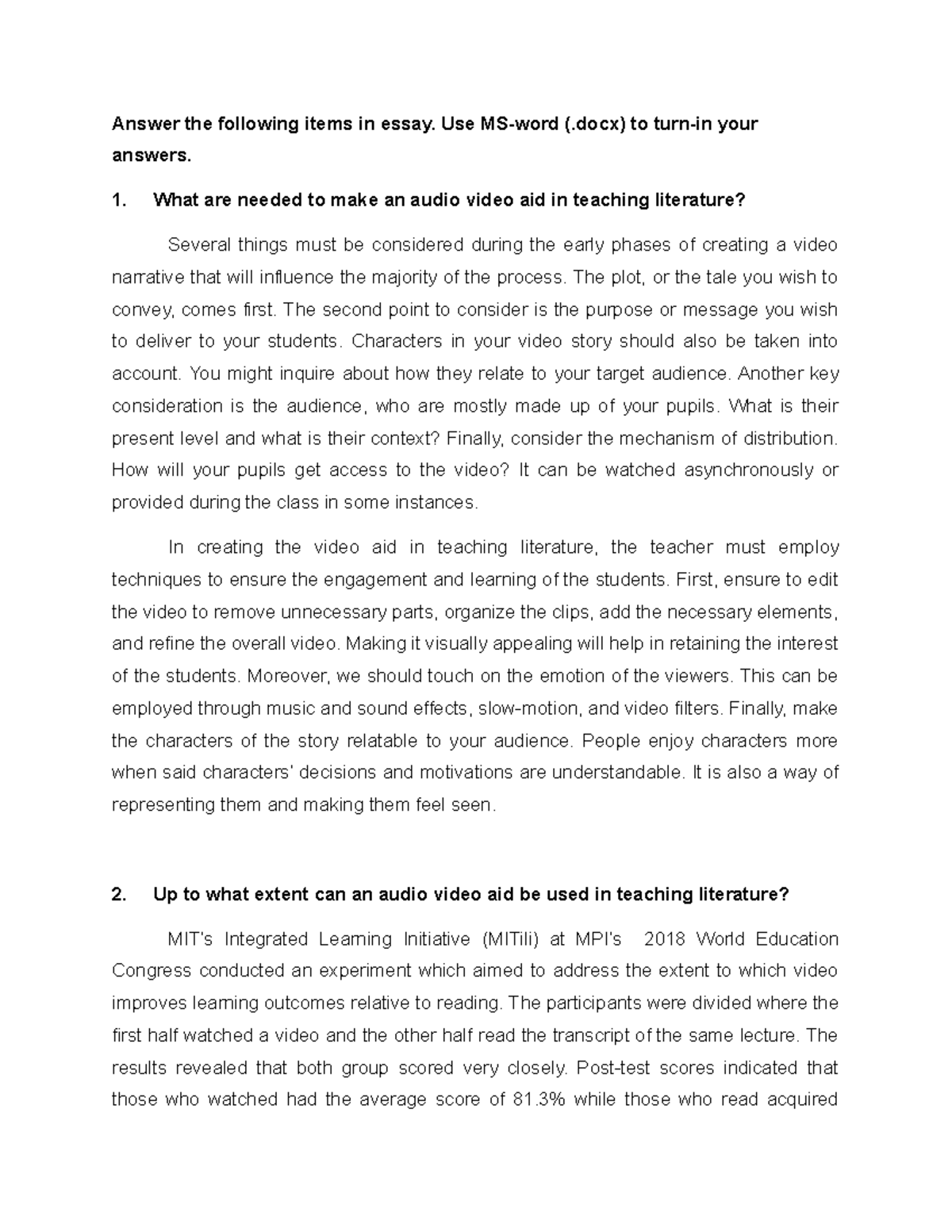 11 Answer the following items in essay - Literary Appreciation - Studocu