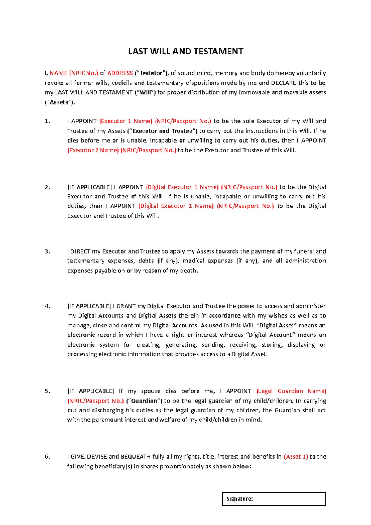 Last Will and Testament Sample - LAST WILL AND TESTAMENT I, NAME (NRIC ...